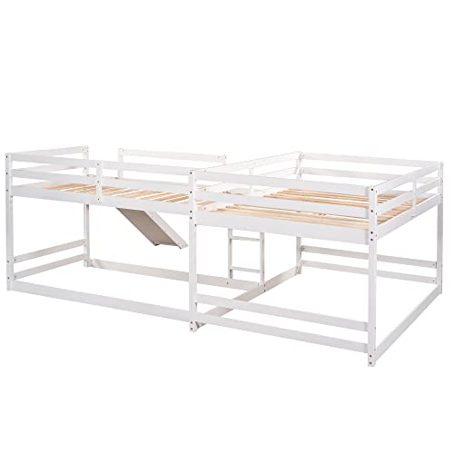 L Shaped Bunk Bed for 4, Wooden Quad Bunk Bed with Slide, Full Over Full Bunk Bed with Twin Over Twin Bunk Bed Attached for Kids Girls Boys - White