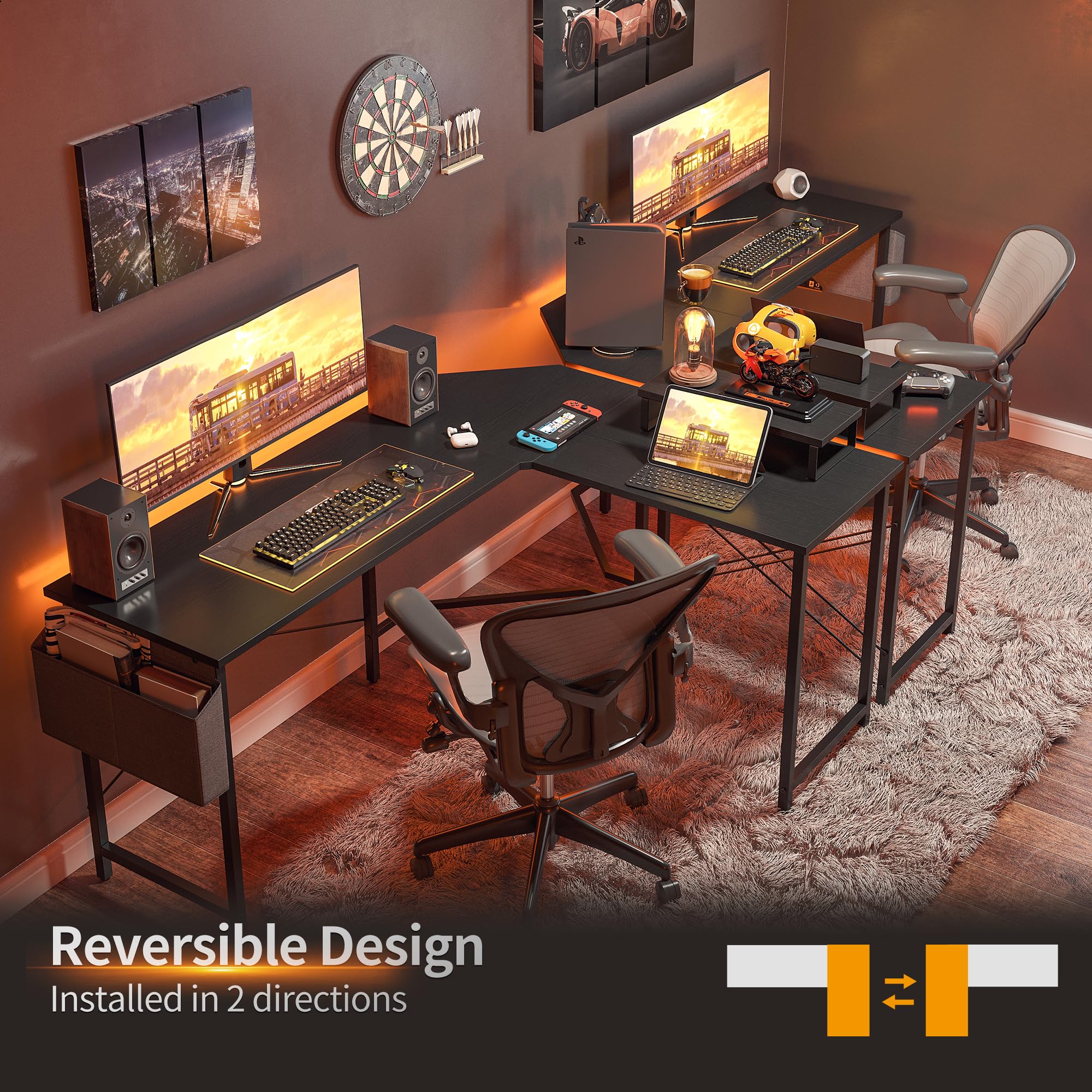 CubiCubi L Shaped Gaming Desk, 66.9 inch Computer Corner Desk with Monitor Shelf for Home Office Study Writing Workstation, Black