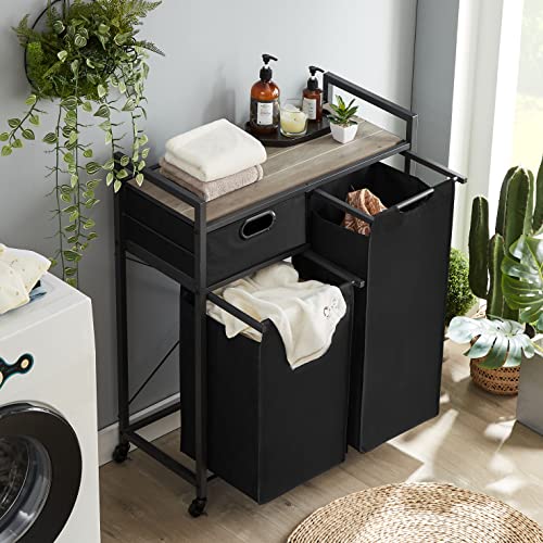 Laundry Hamper Cart, Laundry Basket with Shelf Laundry Sorter 2 Section with Wheels Metal Frame Removable Bags and 1 Drawer, Organization Storage with Handles for Dirty Clothes Hampers(Grey)