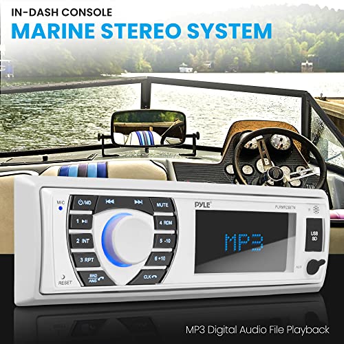 Pyle Bluetooth Marine Receiver Stereo - 12v Single DIN Style Boat In dash Radio Receiver System with Digital LCD, RCA, MP3, USB, SD, AM FM Radio - Remote Control, Wiring Harness - PLRMR23BTW (White)