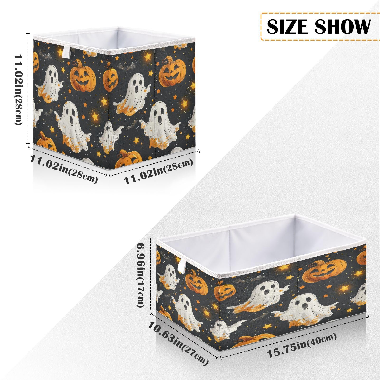 Jthubd Halloween Boo Storage Bin with Handles 11x11x11 Inch Foldable Cube Storage Basket Fabric Storage Box Closet Organizer Collapsible Toy Clothes Nursery Basket, 1 Pack
