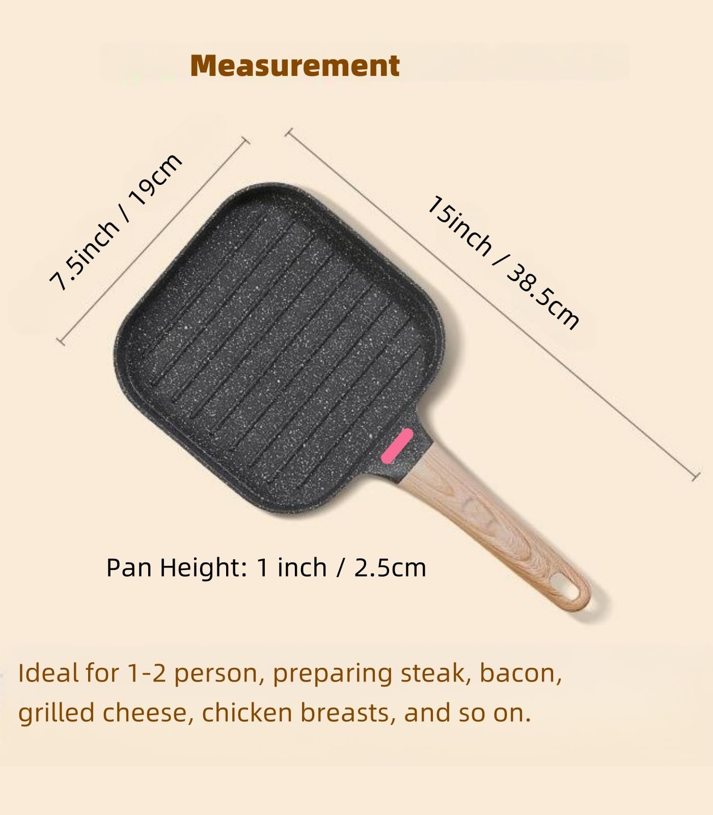 HUPECHAM Grill Pan MINI Size19cm/7.5 Inch For Indoor Cooking Non-Stick Granite, Griddle Pan For Stove Top, Steak Pan For Stove Top, Aluminum Skillet Griddle, Single Serve
