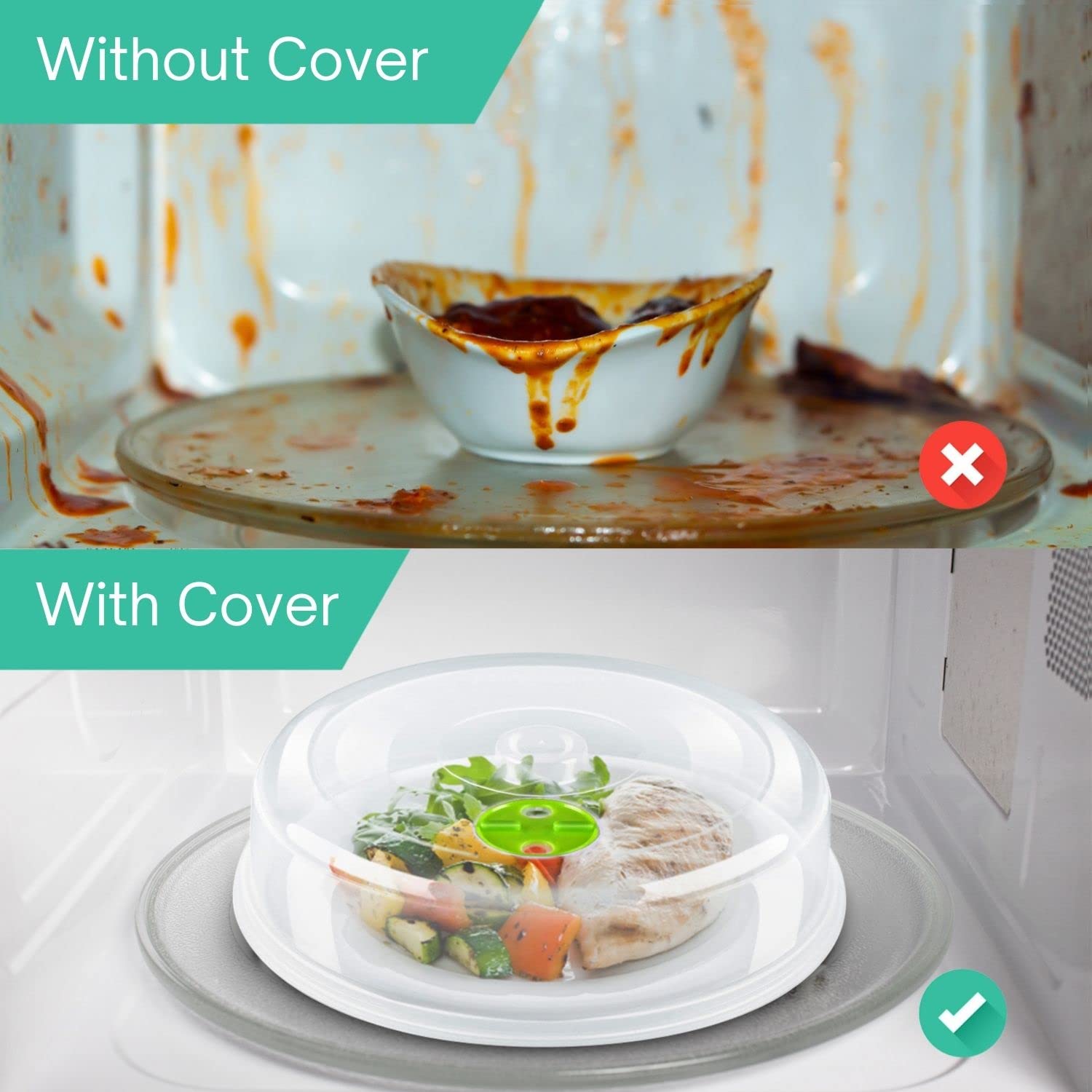 Flexzion Microwave Covers For Food Splatter Guard Protector (Set of 5, Green) - Food Cover Lid With Steam Ventilation Window Dish Washer Safe - Mixed Sizes For Large & Small Food Plates Bowls