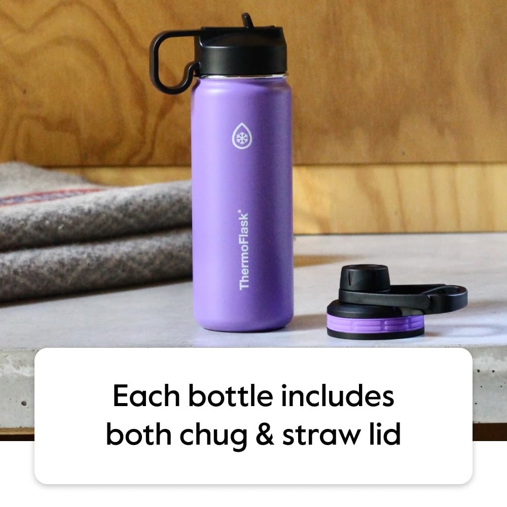 ThermoFlask Double Wall Vacuum Insulated Stainless Steel Water Bottle with Two Lids, 32 Ounce, Plum