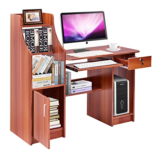 IFANNY Computer Desk with Storage, Wooden Writing Desk with Drawer, Cabinet, Bookshelf, Modern Work Table w/Keyboard Tray and CPU Stand, Corner Office Desk for Small Spaces