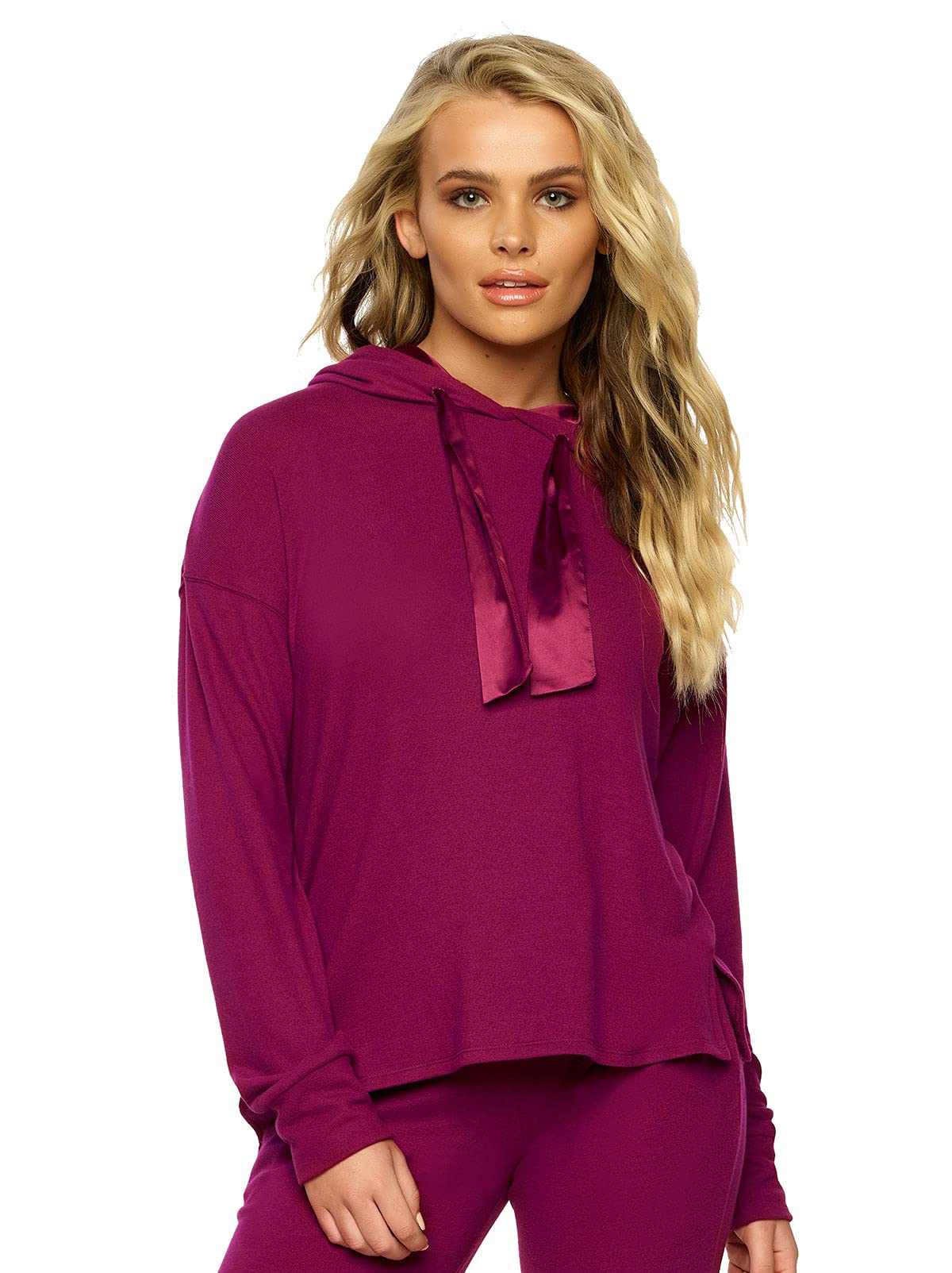 Felina | Musing Knit Sweatshirt w/Satin Ties & Lined Hood (Purple Potion, Large)