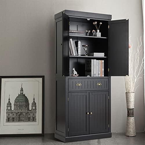 Tangkula 72" H Kitchen Pantry Cupboard Cabinet, Traditional Freestanding Large Tall Storage Cabinet with 2 Cabinets and Drawer, Adjustable Shelves Design, for Living Room Kitchen, 30 x 16 x 72 Inch