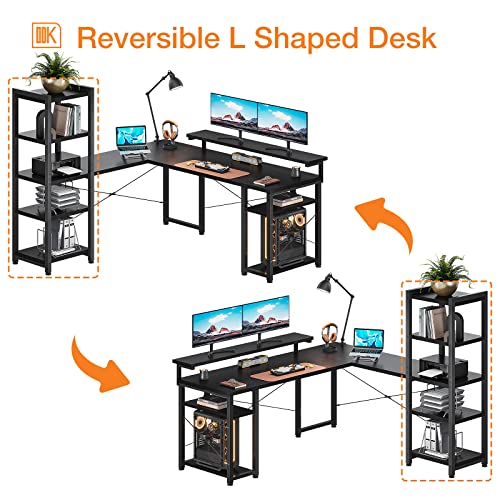 ODK L Shaped Desk with Monitor Stand, 61 Inch Home Office Desks with Storage Printer Shelves, Reversible Corner Gaming Desk with Bookshelf for Bedroom, Black