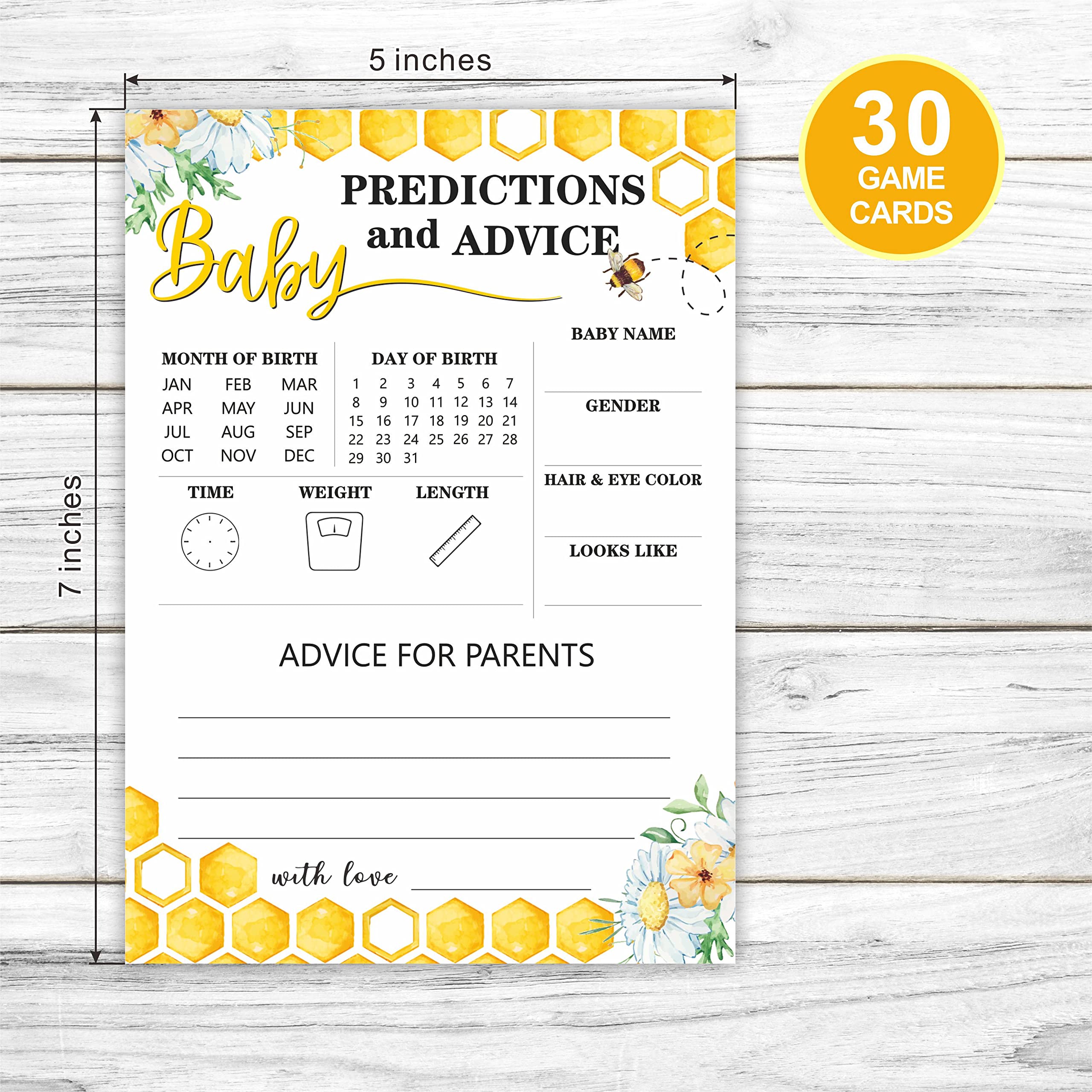Honey Bee Themed Baby Shower Game Cards, Predictions and Advice double sided - 30 in pack (5 X 7 inches)-(BABYYX-002)