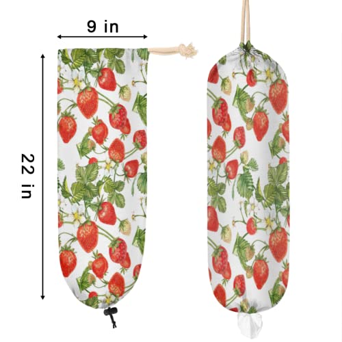 Strawberry Leaves Plastic Bag Holder, Strawberry Flowers Wall Mount Plastic Bag Organizer with Drawstring Grocery Shopping Bags Storage Dispenser for Home Kitchen Farmhouse Decor, 22X9 Inch