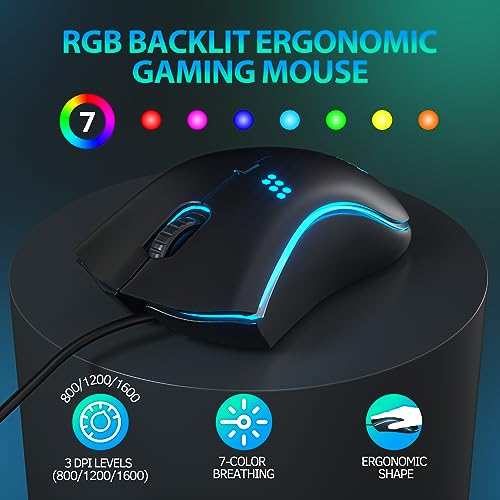 Typewriter Mechanical Gaming Keyboard Mouse Combo, Metal Panel Retro Keyboard with Round Keycap Blue Switch, RGB Backlit 104 Keys Anti-Ghost Wired Keyboard and Mouse with 3 DPI for PC Laptop Mac Gamer