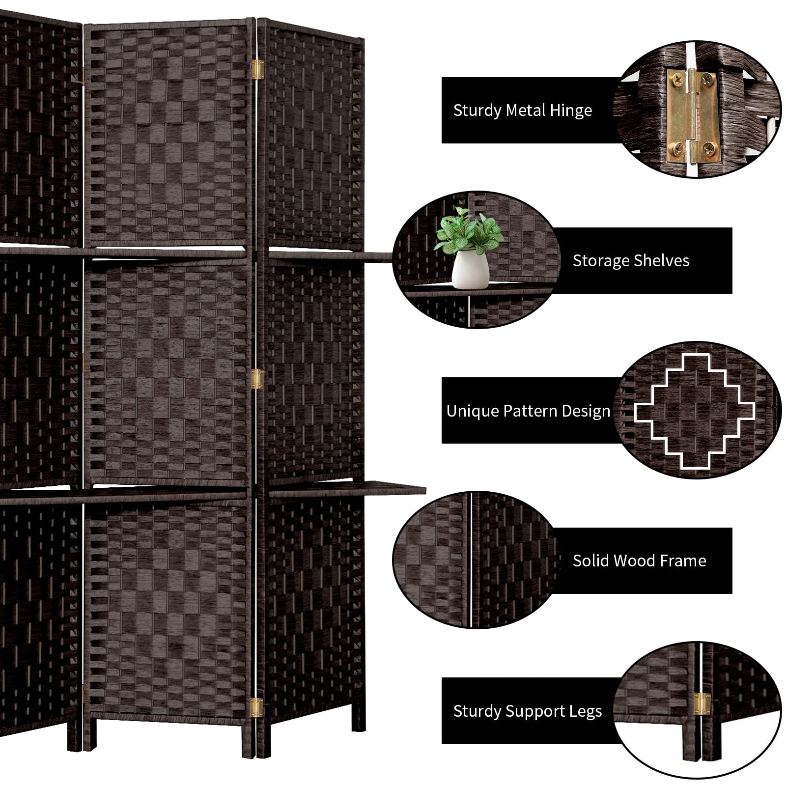 HALLYBEE Room Divider with Shelves, Room Dividers and Folding Privacy Screens, Divider for Room Separation Partition Room Dividers, 16" Folding Screen 6FT Room Divider Wall 4 Panel, Dark Mocha