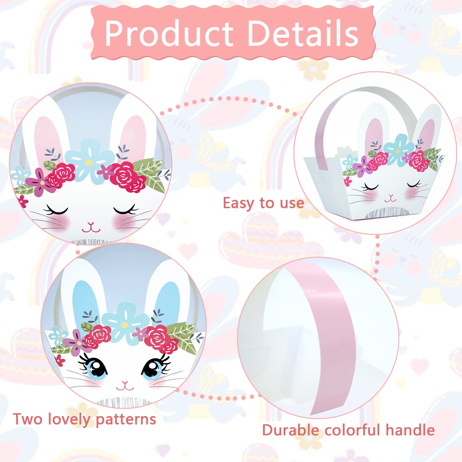 WEEPA Easter Treat Boxes Mini Paper Easter Baskets for Kids DIY Egg Hunt Bunny Gift Box with Handle Cute Bunny Easter Basket Containers Easter Party Decoration for Birthday Baby Shower, 12 pcs