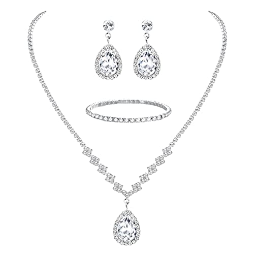 THUNARAZ Silver Bridal Jewelry Set Rhinestone Crystal Necklace Bracelet Dangle Earrings for Women Brides Bridesmaid Prom Costume Accessories