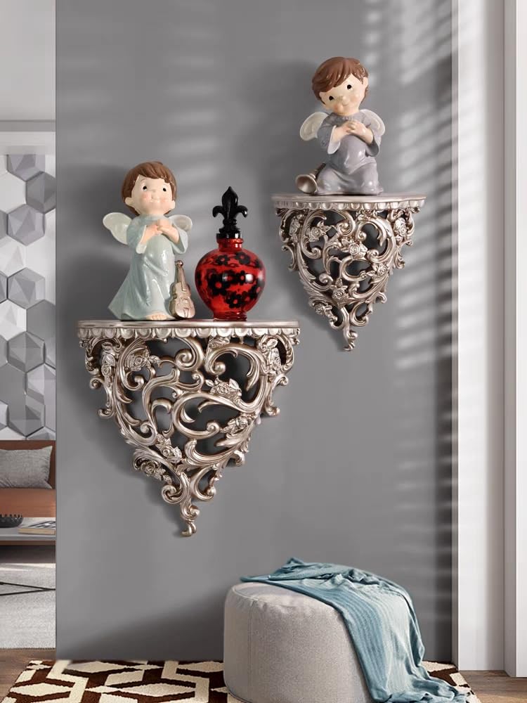 OKJHFD Floating Shelves Wall Hanging Shelves Storage Racks European Style Installation Baroque Style Hollow Decoration Shelves Unique Art Elements Home Living Room Decorations