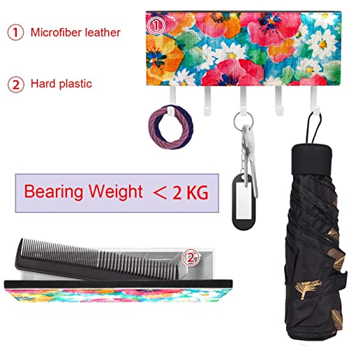 Hand Drawn Retro Colorful Flowers Background Mail Holder Organizer and Key Hooks PU Front, Self Adhesive Key Rack with 5 Hooks Perfect for Entryway, Hallway，Bathroom ，Kitchen