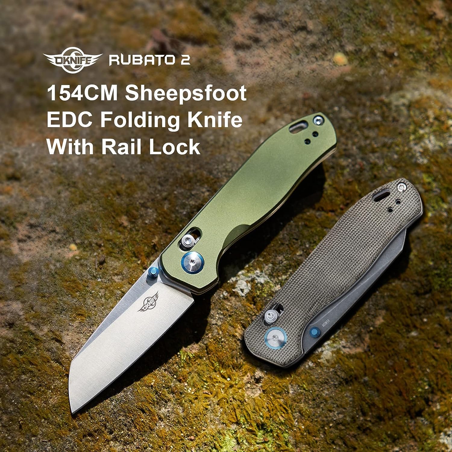 OKNIFE Rubato 2 EDC Pocket Knife, Rail Lock Folding Knives for Men Women Sheepsfoot Knife Camping Hiking Survival 154CM Blade (Micarta Handle), OD Green