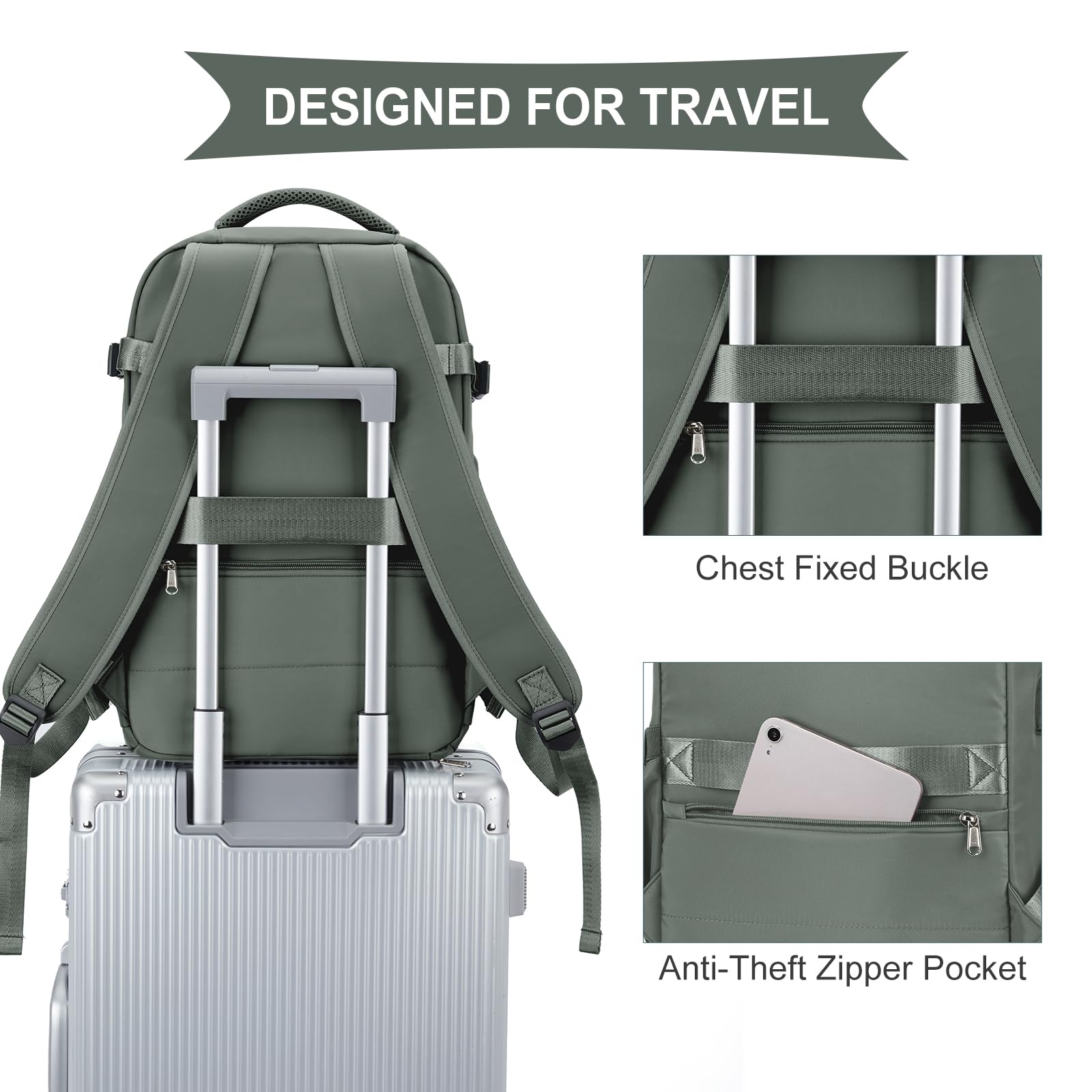 coowoz Large Travel Backpack For Women Men,Carry On Backpack,Hiking Backpack Waterproof Outdoor Sports Rucksack Casual Daypack Travel Essentials(Olive Green Minimalist)