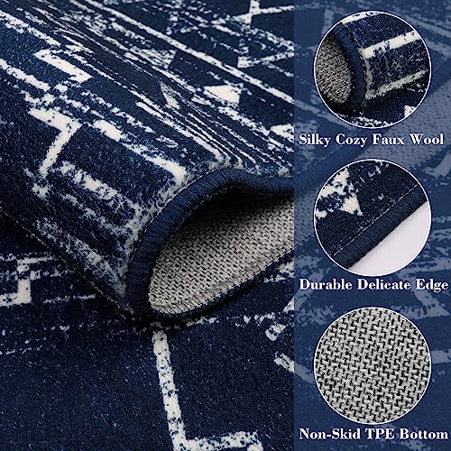 Wonnitar Moroccan Washable Rug 3x5, Blue Non-Slip Entryway Area Rug, Soft Farmhouse Bedroom Throw Mat, Geometric Low Pile Scandinavian Accent Carpet for Entry Kitchen Basement (Blue,3'x5')