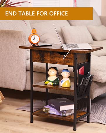 TARKARI Side Table end Table with Charging Station Living Room Narrow end Tables with Storage Bedside Table Flip Top Night Stand USB Ports and outlets Sofa Couch Table for Small Spaces