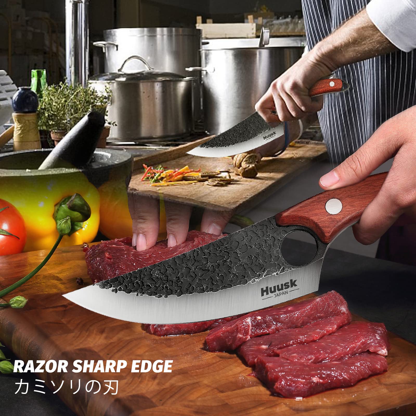 Huusk Cool Cooking Knives Bundle Viking Knives Hand Forged Boning Knife Full Tang Japanese Chef Knife with Sheath