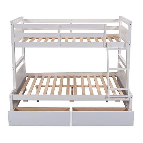 TARTOP Bunk Bed with Drawers, Twin Over Full Bunk Bed, Solid Wood Bunk Bed Frame with Ladders & 2 Storage Drawers, Bedroom Furniture,White
