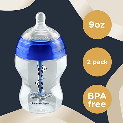 Tommee Tippee Anti-Colic Baby Bottles, Slow Flow Breast-Like Nipple and Unique Anti-Colic Venting System, 9oz, 2 Count, Blue Pandas