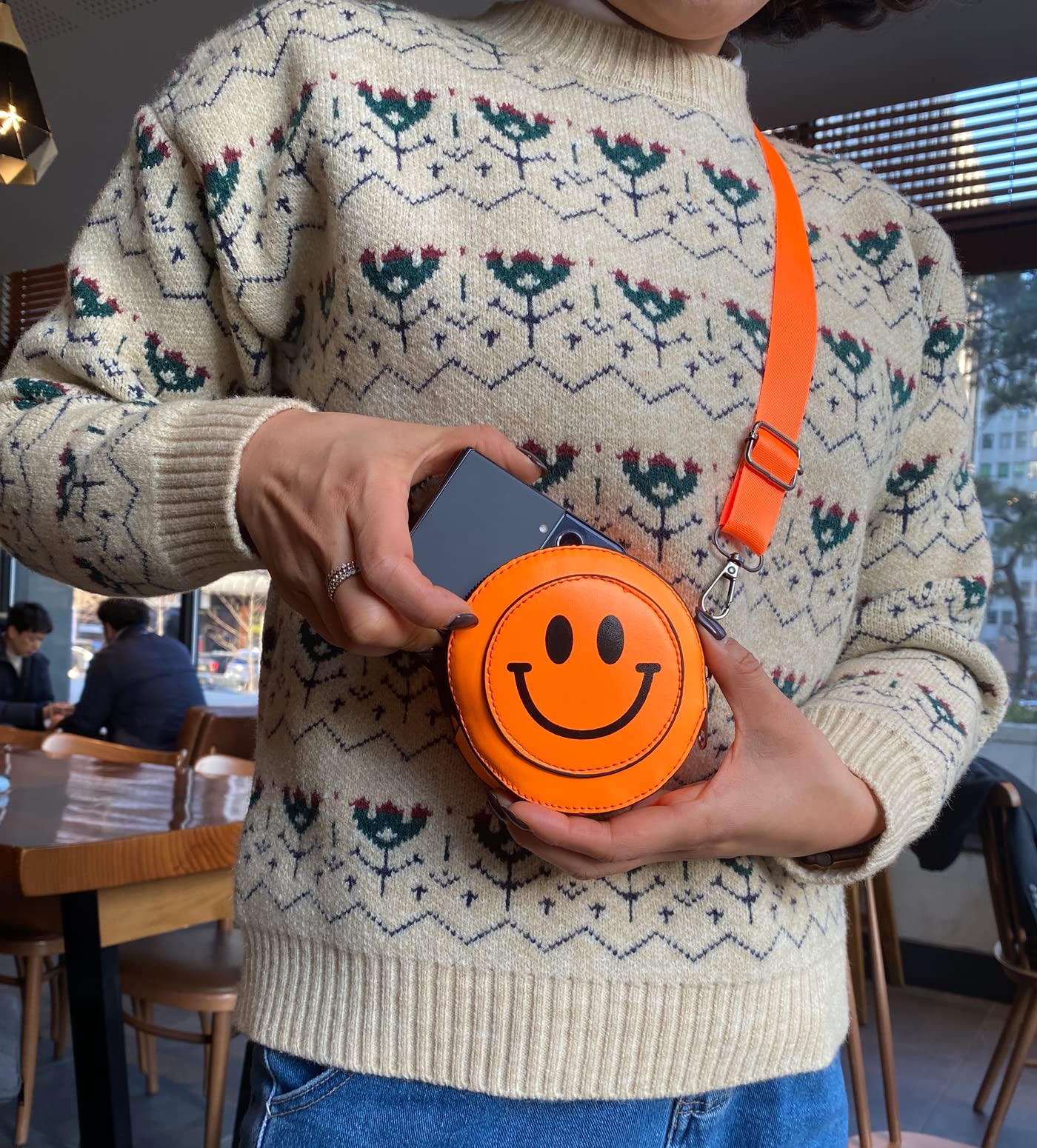 holawit Cute Positive Smile Happy Face Fun Design Mini Crossbody Soft Synthetic Leather Round Mini Side Shoulder Bag - White