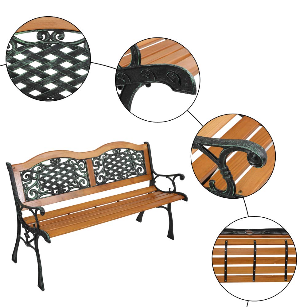 Shyneer 49'' Patio Bench, Outdoor Garden Bench, Cast Iron & Hardwood Structure, Weather Proof Porch Furniture, Perfect for Backyard, Deck, Lawn, Poolside