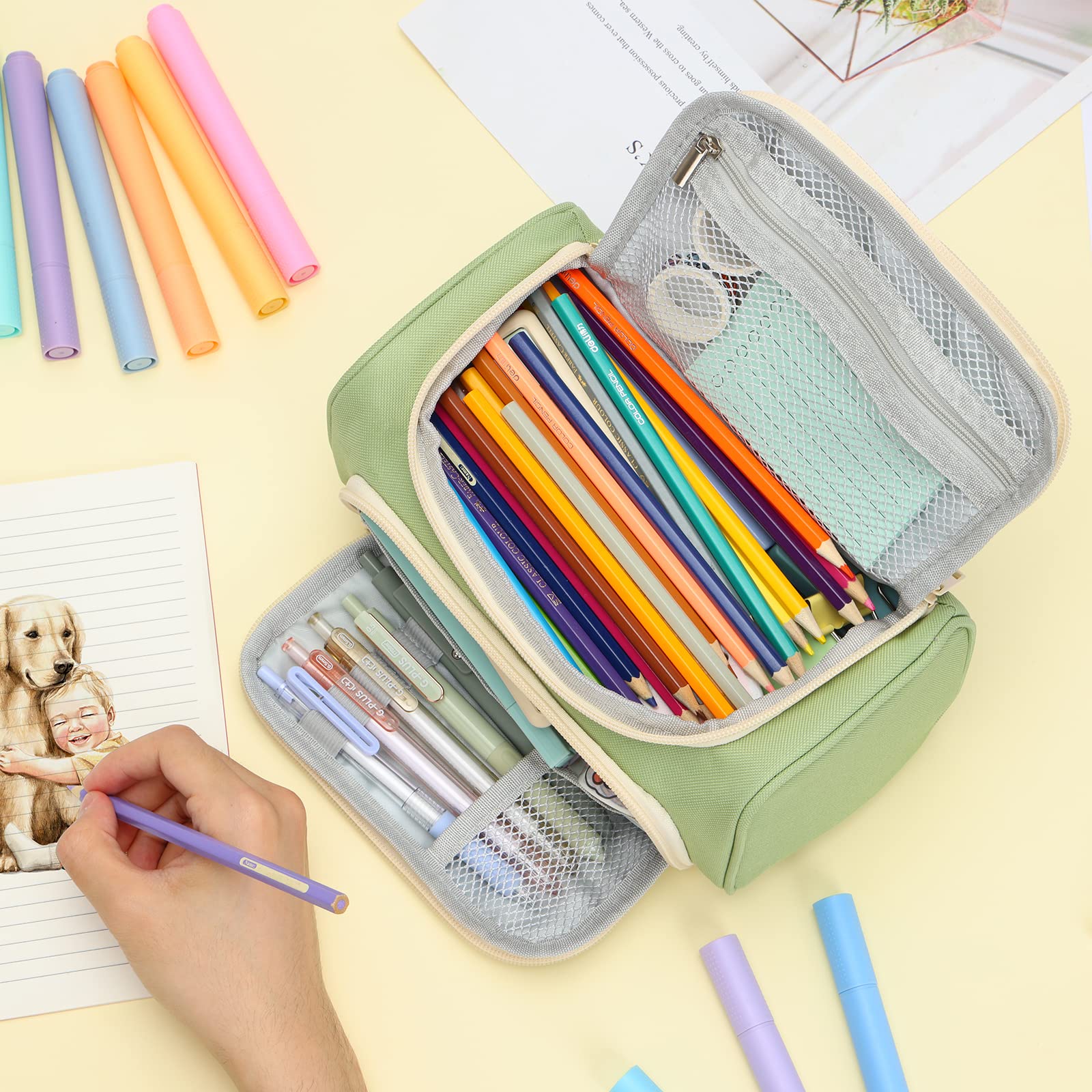 LABUK Large Pencil Case, Big Capacity Pencil Bag with 3 Compartments, for School Teen Girl Boy Men Women,Green
