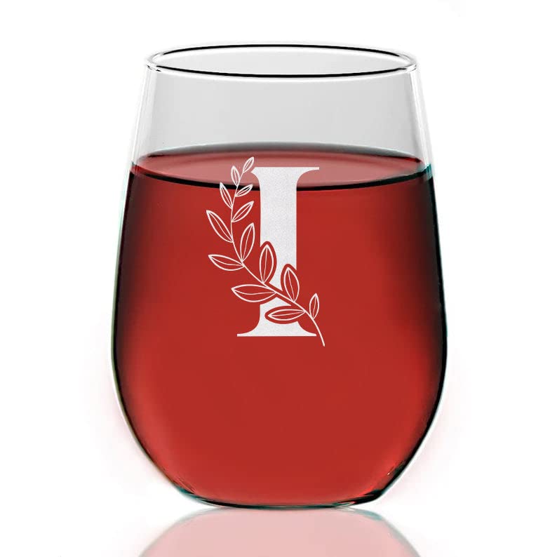 Floral Monogram ' I ' Wine Glass - Letter A-Z Engraved - Stemless Wine Glass - Gifts For Dad - Mother's Day - Gift For Mom - Gifts For Coworkers