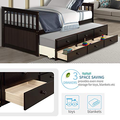 UBGO 3-in-1 Twin Sofa Bed, Wooden Furniture Set with Rollers and 3 Storage Drawers, Captain Sofa Bed Frame for Boys Girls Small Space Bedrooms, Espresso