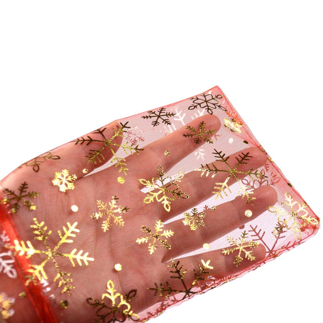 SUNGULF 100pcs Organza Pouch Bag Drawstring Gift Bags (Red Gold Snowflake, 5x7 Inch)