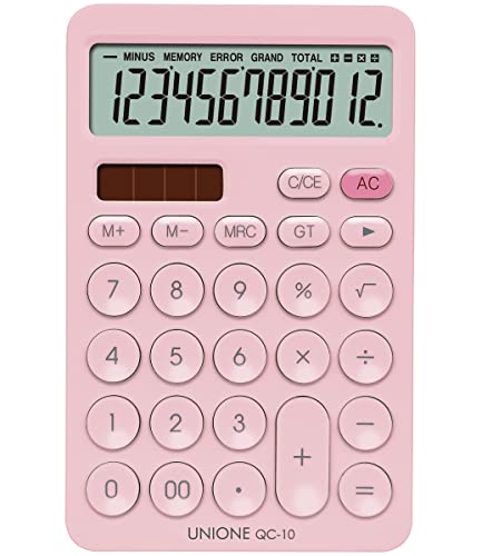 UNIONE Pink Calculator with a Bright LCD, Dual Power Handheld Desktop. Color. Business, Office, High School (4×6.6in)