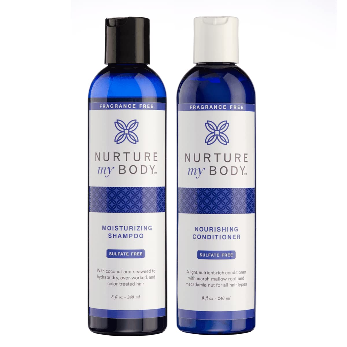 Nurture My Body Fragrance Free Moisturizing Shampoo and Nourishing Conditioner Set | 8 oz. | Sulfate free and Paraben free shampoo and conditioner set | All Natural Ingredients | Handmade in USA