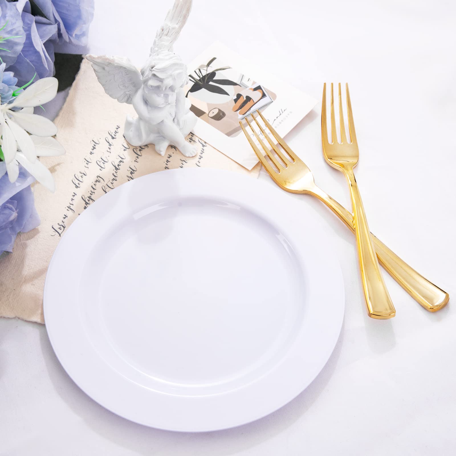 WELLIFE 200 Pieces White Plastic Dessert Plates with Gold Disposable Forks, Premium Hard Plastic Dessert Plates 7.5β, Appetizer Plastic Plates for Christmas, Wedding, Party