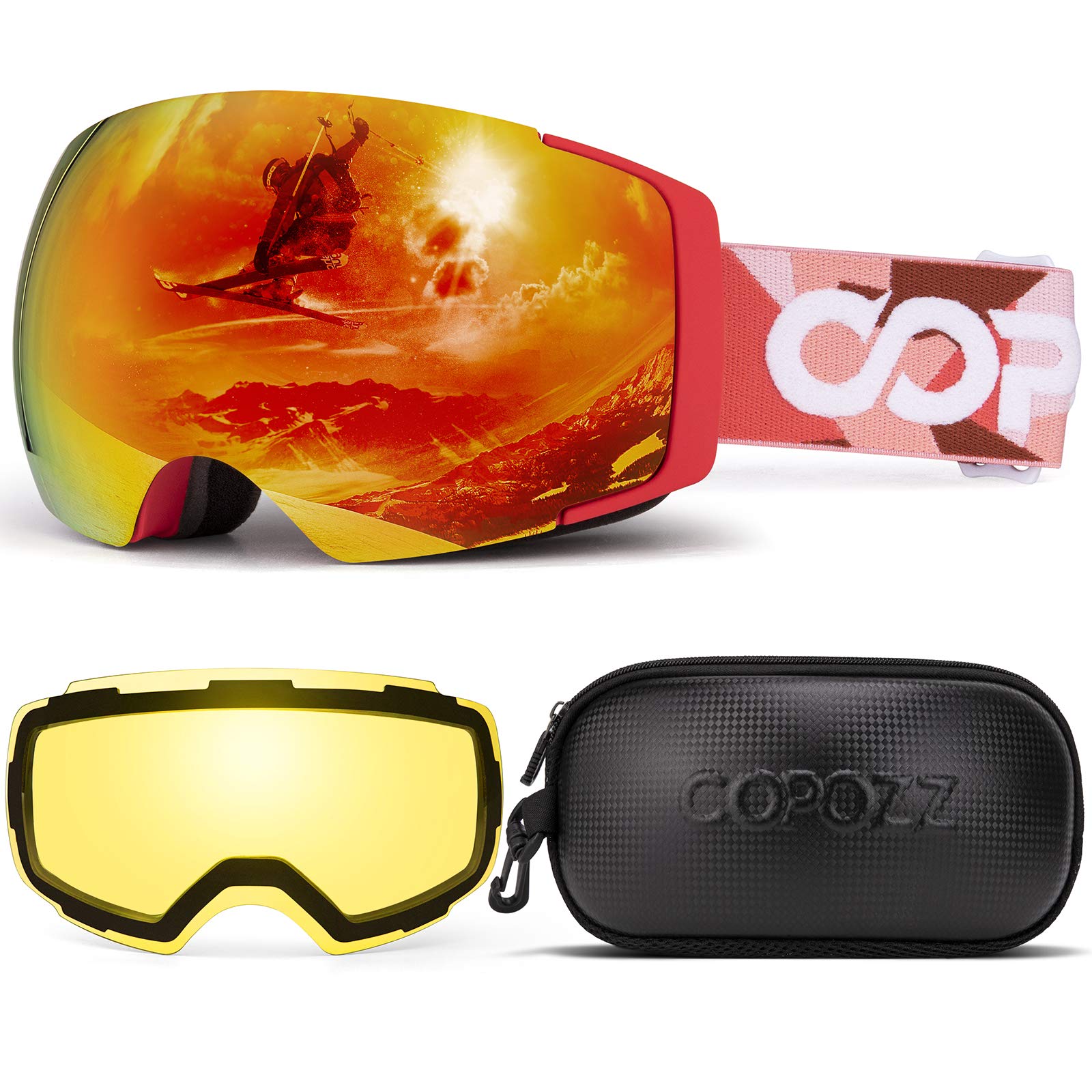 COPOZZ Polarized Ski Goggles Set, M1 Magnetic Snowboard OTG UV400 Skiing Goggles ⌠(Red Lens Red Frame VLT-16.1%)