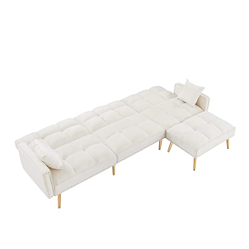 Ucloveria Sectional Sofa Couch, Convertible L-Shaped Sofa Bed with Adjustable Backrest & Movable Ottoman & 2 Toss Pillows, 3 in 1 Multi-Function Sleeper Sofa for Living Room Bedroom, Cream White