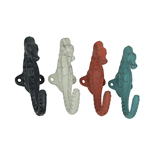 Zeckos Set of 4 Blue, White, and Coral Coastal Cast Iron Seahorse Decorative Wall Hooks Nautical Décor 5 Inches High