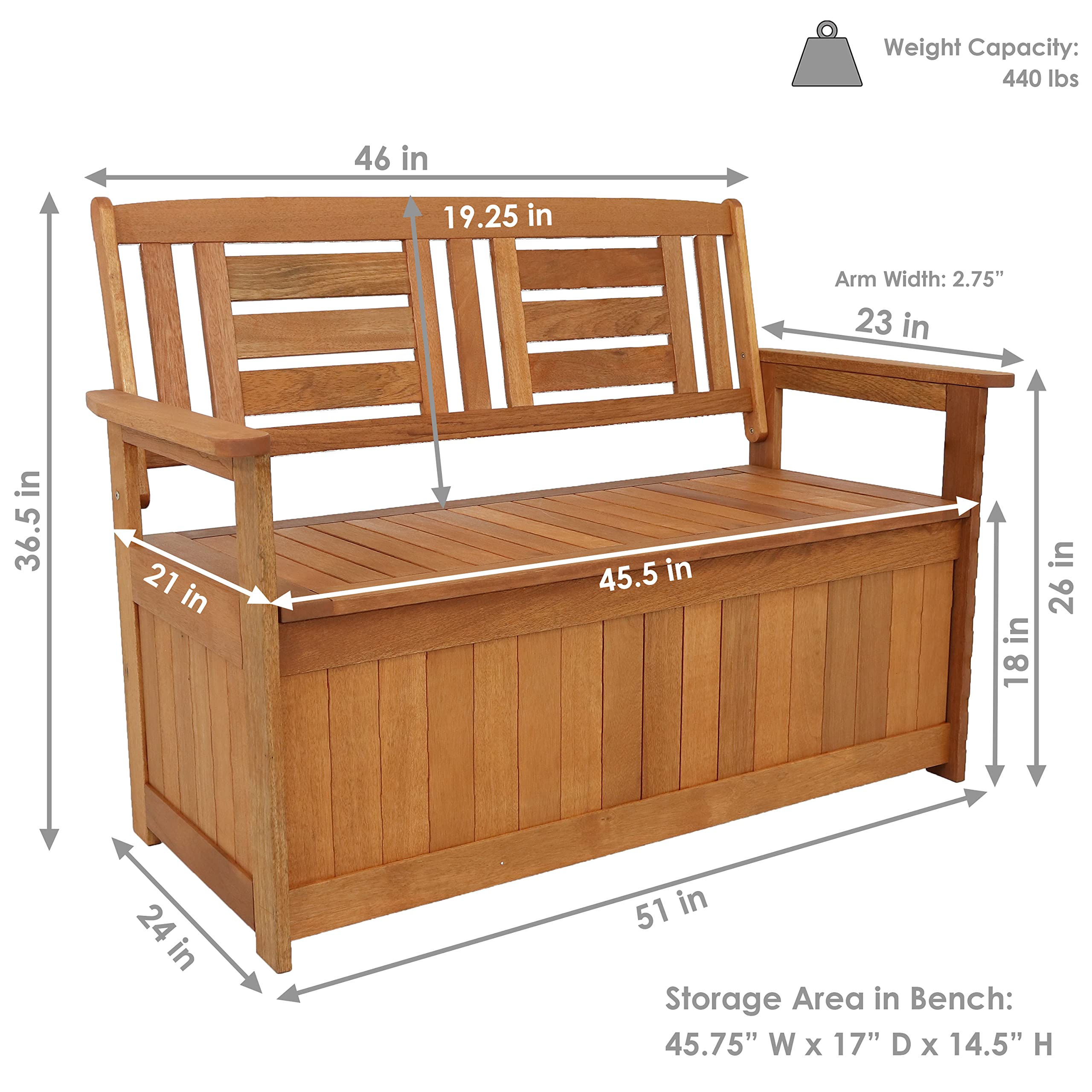 Sunnydaze 51-Inch Meranti Wood Outdoor Storage Bench with Teak Oil Finish