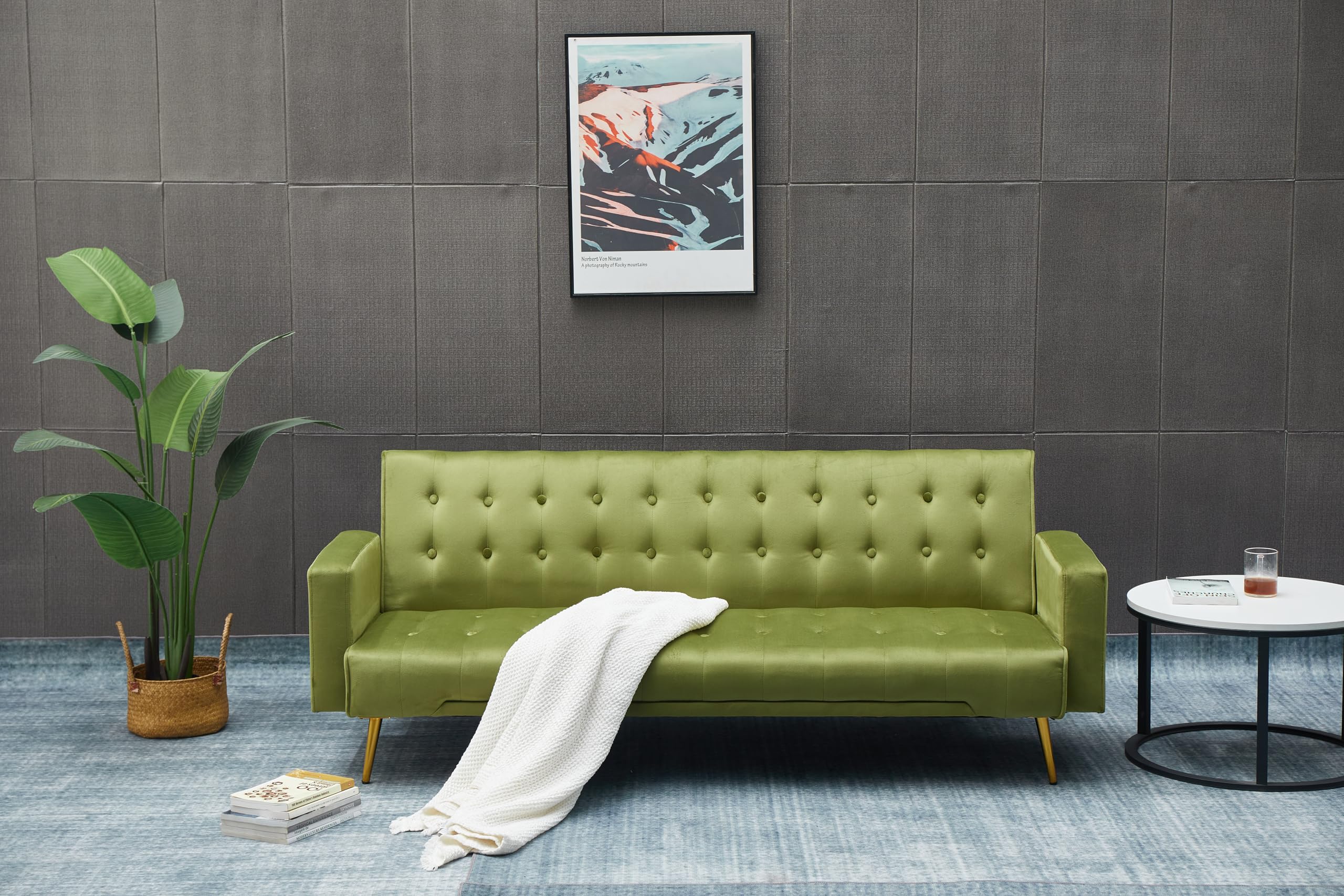 MODCART 75 Inch Velvet Futon Sofa Bed with Adjustable Back, Convertible Futon Couch, w/Tufted Buttoned Design & Metal Legs, Upholstered Slpper Bed for Home, Small Space Apartment