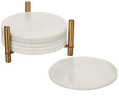 Queenza Marble Coasters for Drinks, Set of 6 Coasters with Holder, Pearl White Marble Coasters 3.5 Inch Wide 5 mm Thick Gold Coasters For Drinks, Both Side Polish For Scratch Free Surface Coaster Set