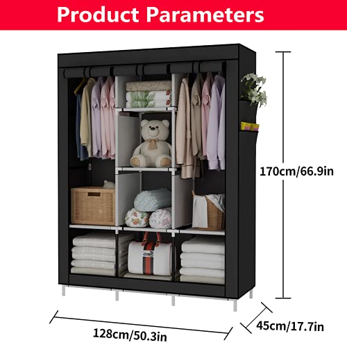 UDEAR Portable Wardrobe Closet Clothes Organizer Non-Woven Fabric Cover with 6 Storage Shelves, 2 Hanging Sections and 4 Side Pockets,Black