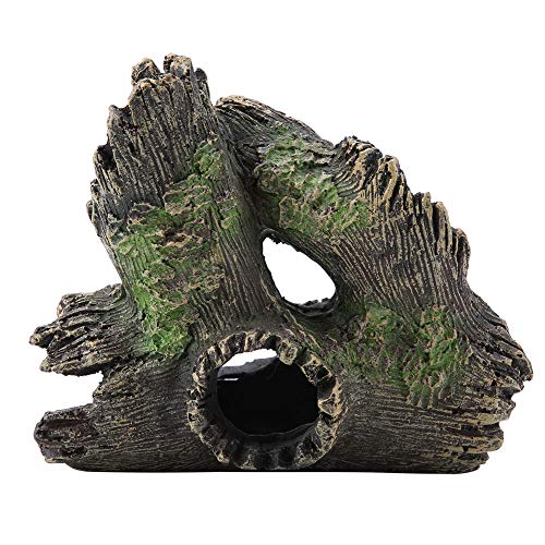 Tiiyee Aquarium Hollow Tree Trunk Ornament, Fish Decor with Moss Artificial Driftwood Polyresin Hideout Decoration Ornament for Fish Tank and Landscape Resin Log Hideaway(ST 004C)