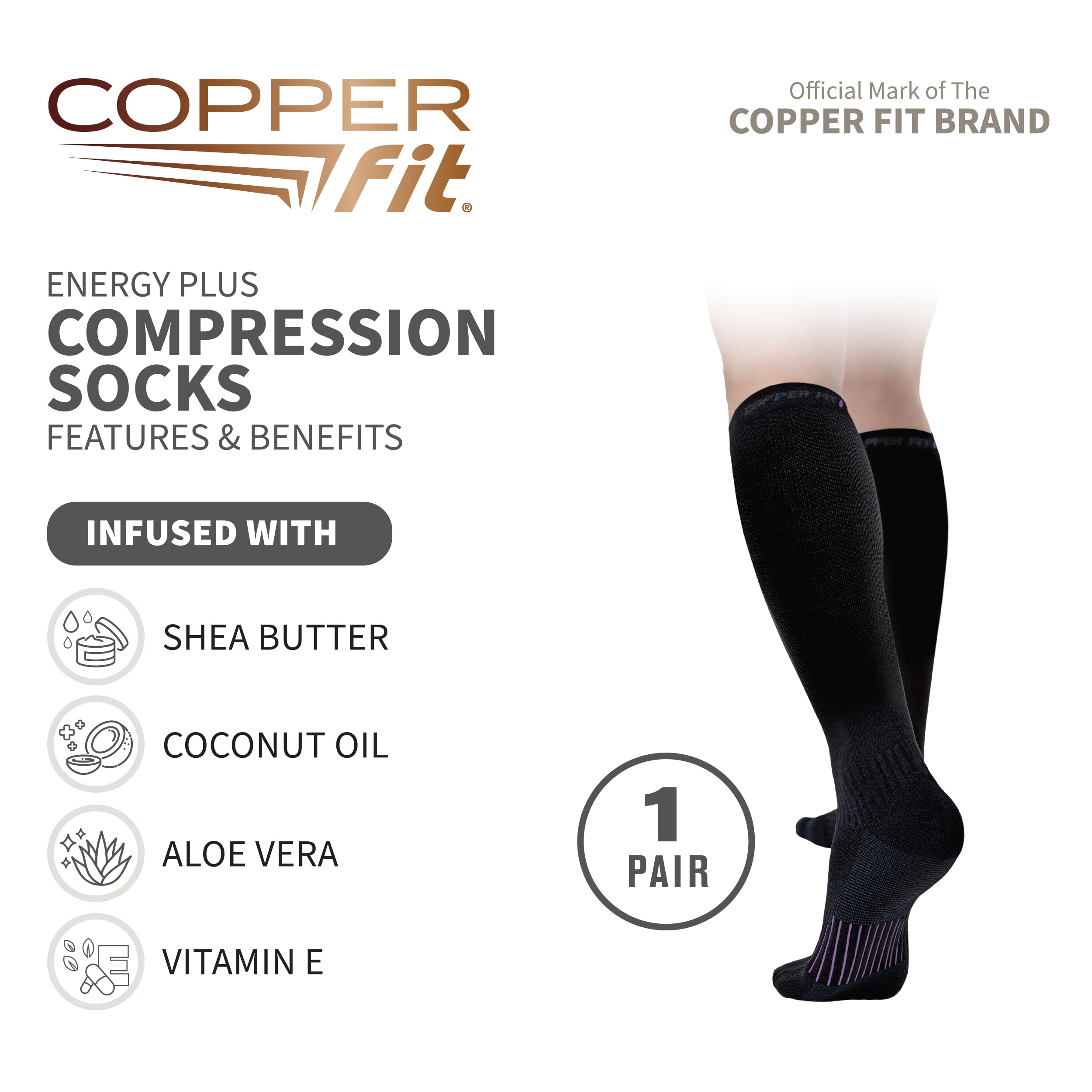 Copper Fit unisex adult Moisturizing Energy Plus Easy On Easy Off Knee High Compression Socks, Black, Small-Medium US
