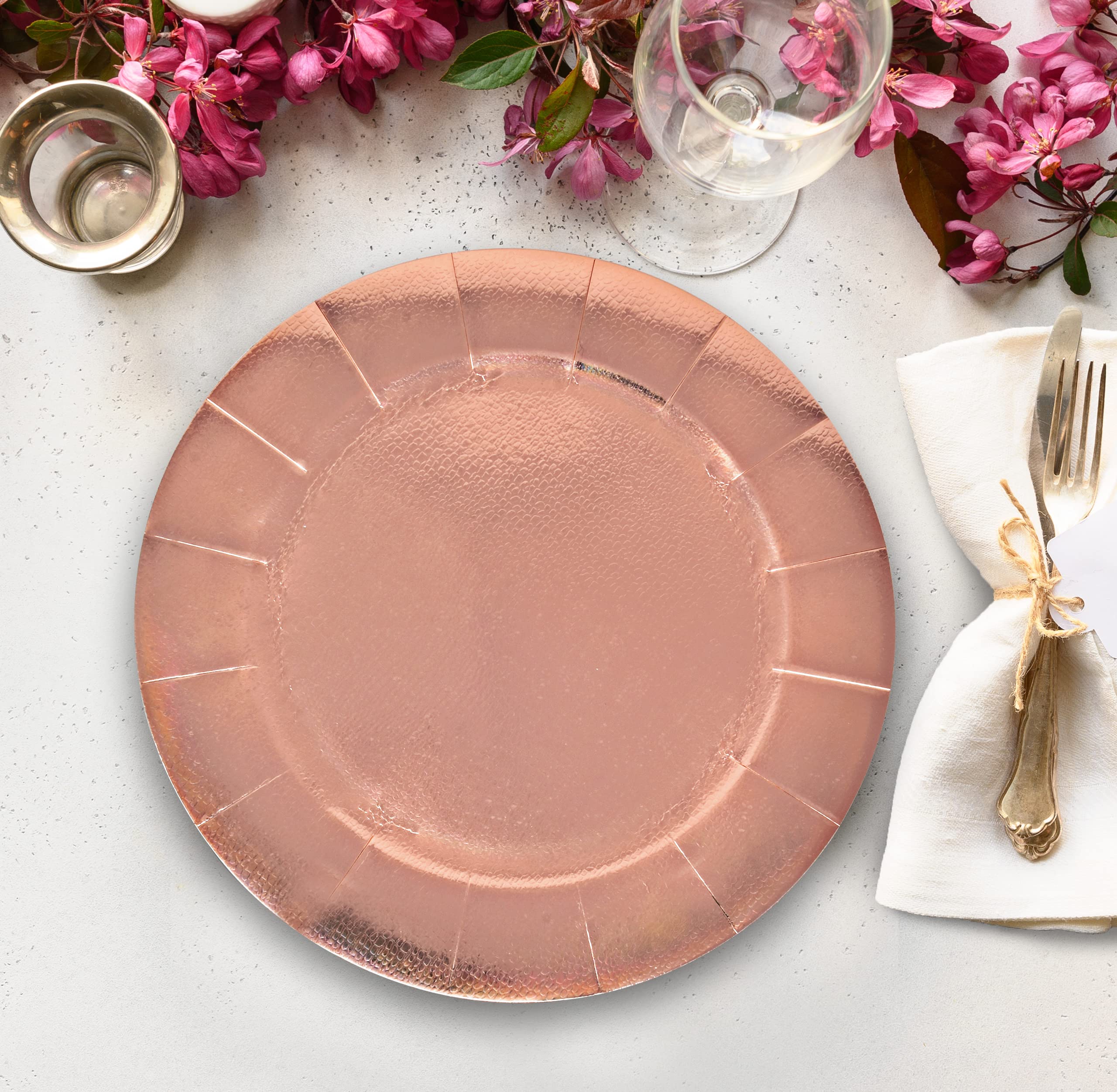 Gift Boutique 24 Disposable Rose Gold Round Charger Plates 13" Dinner Table Serving Tray Heavy Duty Reusable Paper Cardboard Platters for Table Setting, Place Mats Dessert Weddings Food Safe
