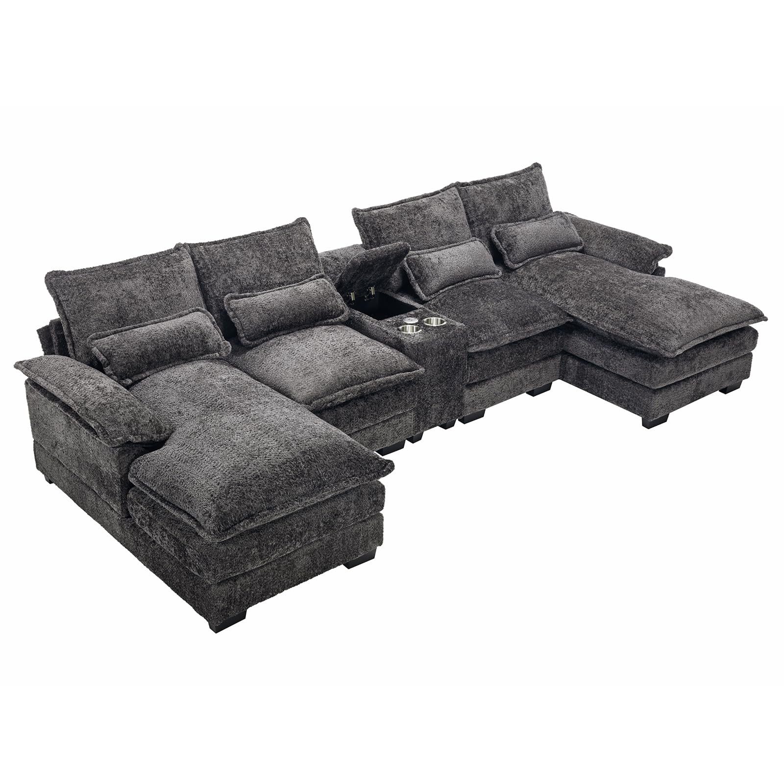KIVENJAJA 123β Modular Sectional Couch with Console, Cup Holders and USB Ports, Modern U-Shaped Cloud Sofa w/Double Chaise & Deep Seat for Living Room, Chenille, Grey