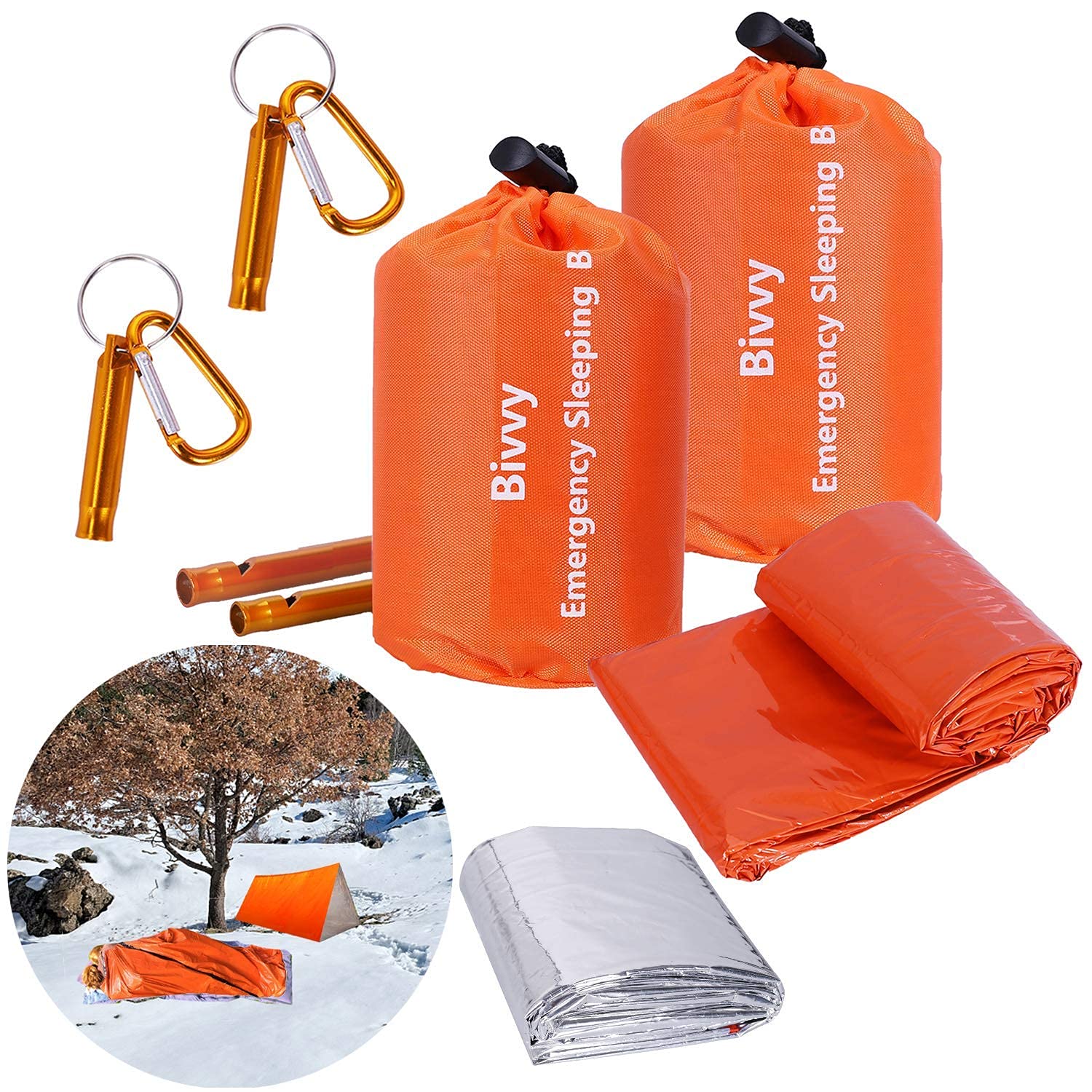 Emergency Survival Sleeping Bag with Stuff Sack and Whistle Waterproof Thermal Bivy Sack Portable Lightweight Emergency Survival Blanket for Camping,Hiking,Outdoor Adventure Activities(2 Pack)