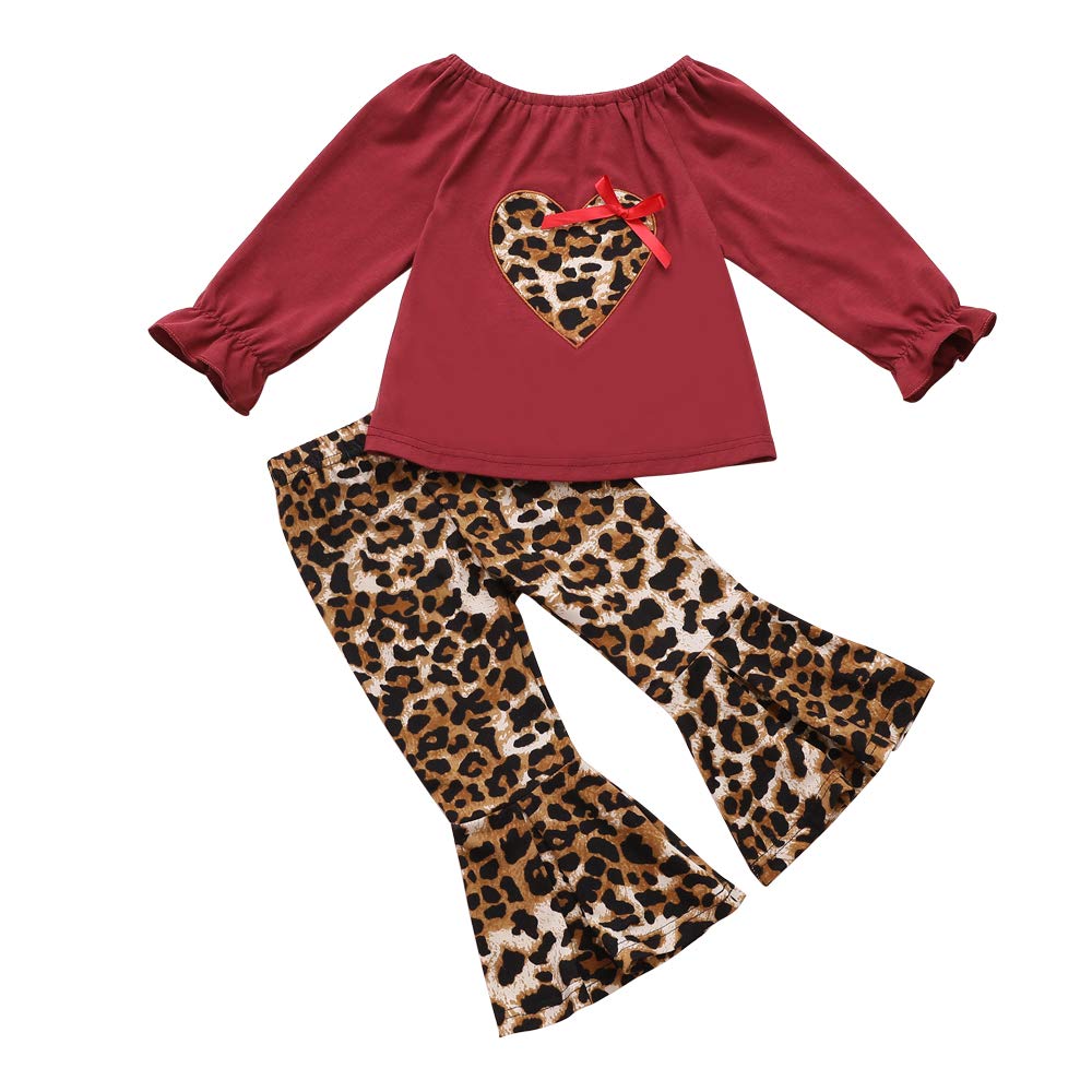 Suolongsama Valentine's Day Toddler Kids Baby Girl Clothes Love Heart Print Ruffle Long Sleeve Shirt Tops Leopard Flare Pants 1-5Y (Purplish Red, 2-3T)