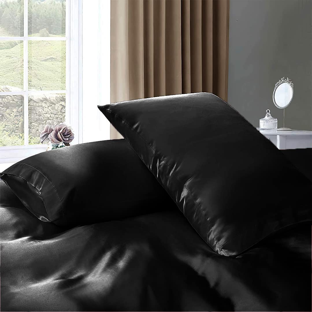 Rico Bedding 100% Pure Silk Satin Duvet with Fitted Sheet Set 4pcs, Silk Satin Fitted Sheet 15'' Deep Pocket,Silk Satin Duvet Cover,Silk Satin Pillowcases Set !!!(Queen Black)